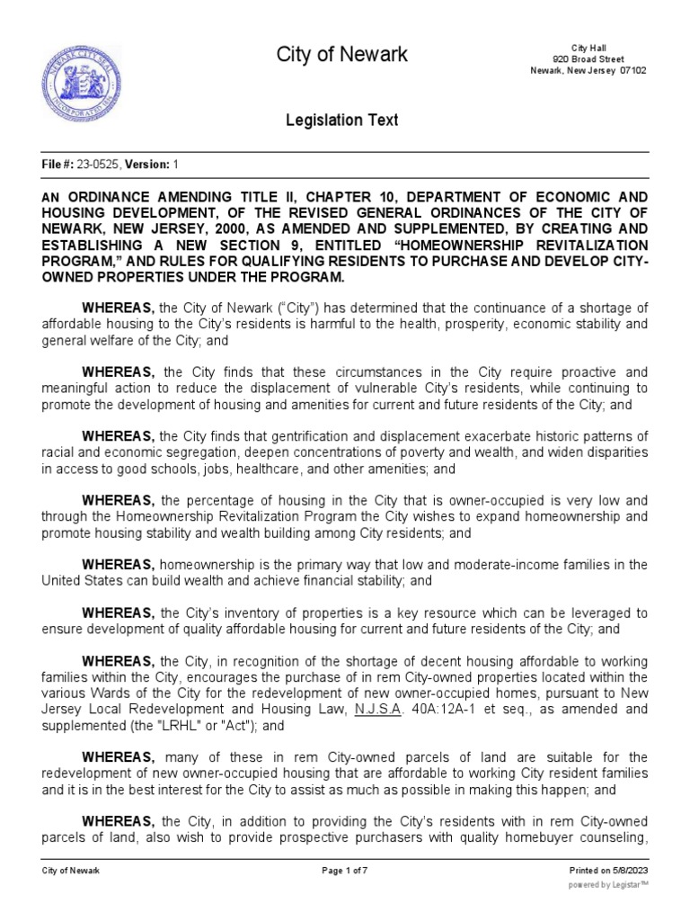 Newark Ordinance: Title II, Chapter 10 Amendment (Home Ownership ...
