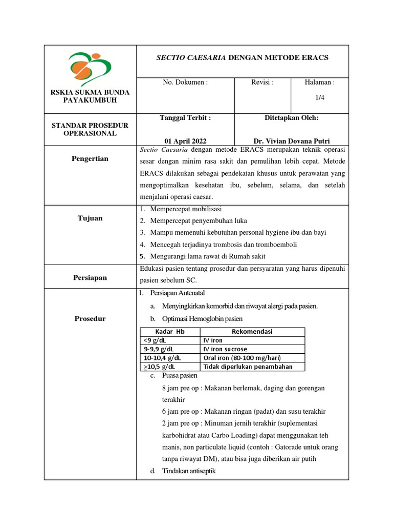 STANDAR PROSEDUR OPERASIONAL SECTIO CAESARIA DENGAN METODE ERACS | PDF