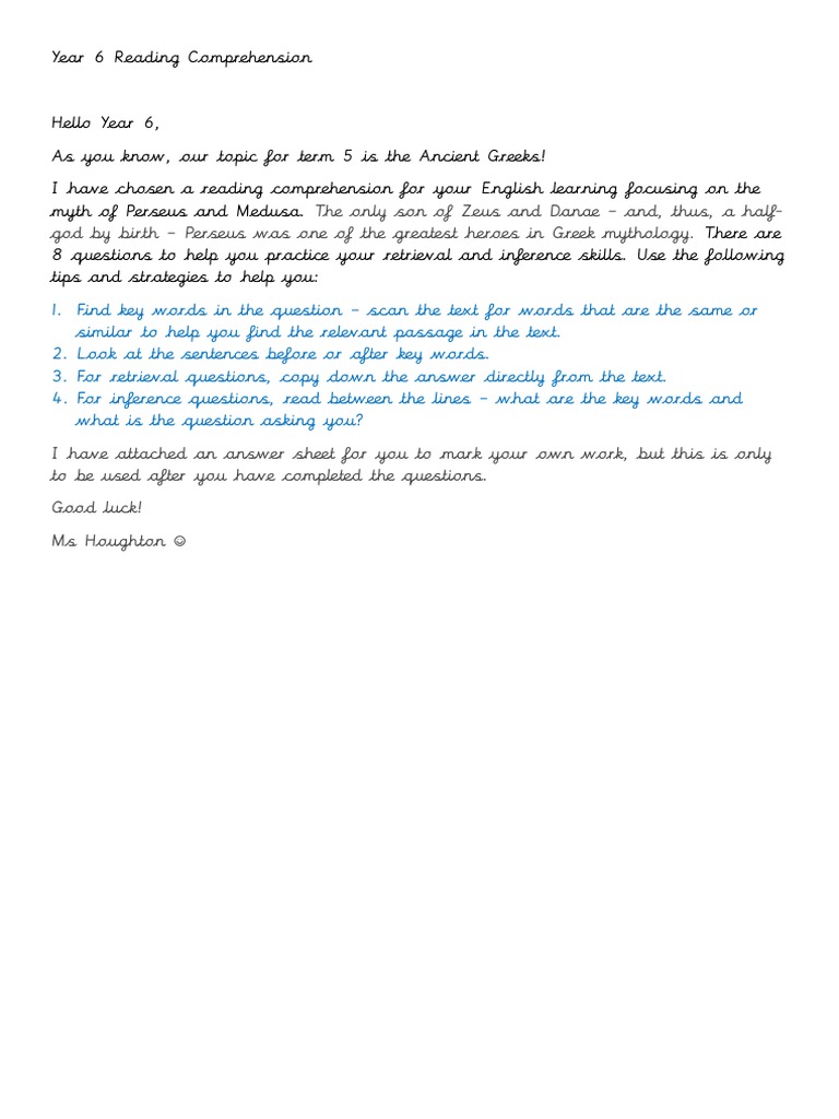 Reading Comprehension - Perseus and Medusa 1 | PDF | Medusa | Mythology