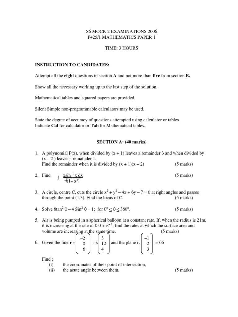 2006 S6 Mathematics Mock Exam Paper | PDF | Perpendicular | Tangent