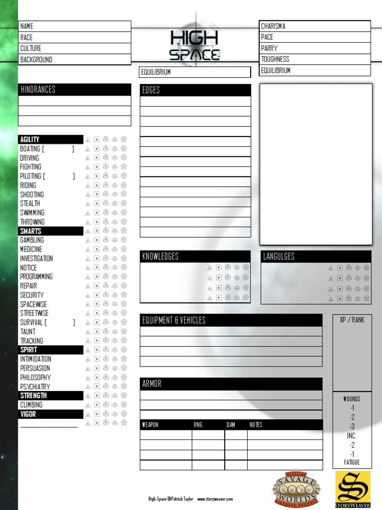 Savage Worlds - High Space - Character Sheet | PDF | Role Playing Games | Tabletop Games
