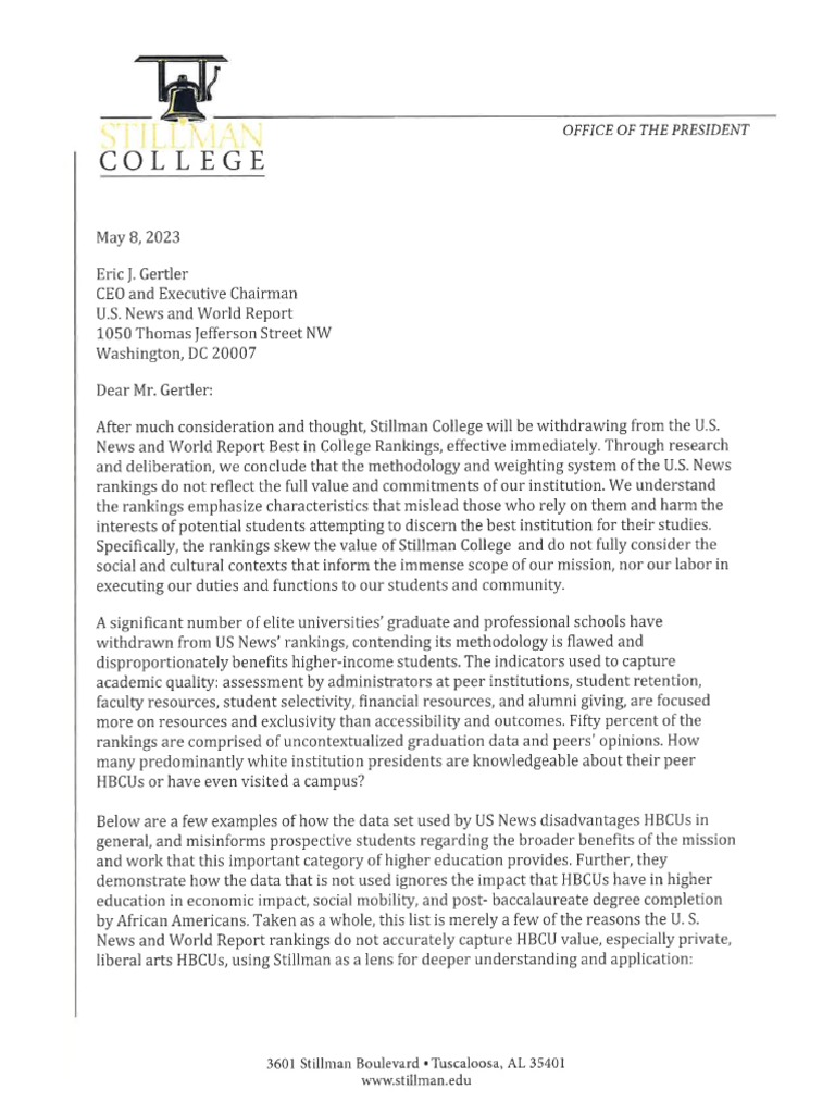 Stillman College U.S. News Withdrawal Letter | PDF