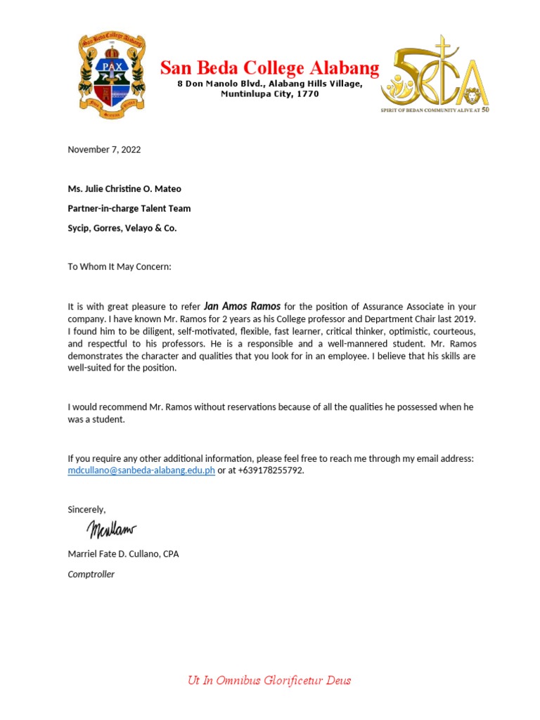 Reference Letter - Jan Ramos | PDF