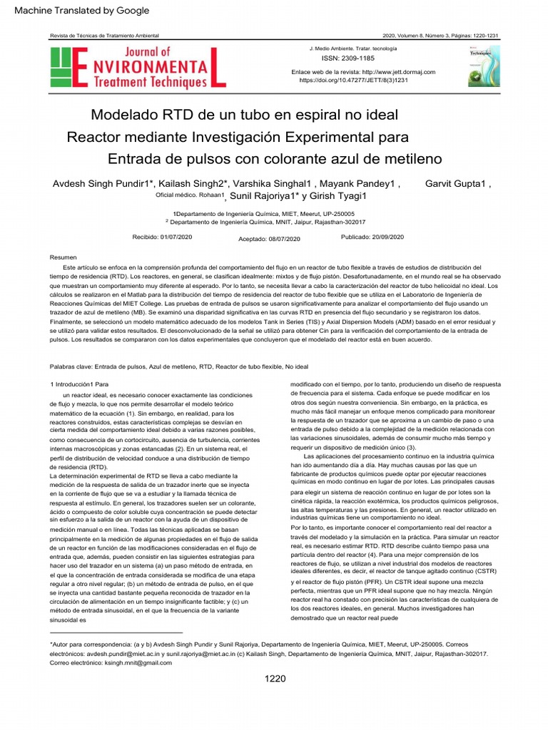 RTD Modeling of A Non-Ideal Coiled-Tube Reactor Trough Experimental ...