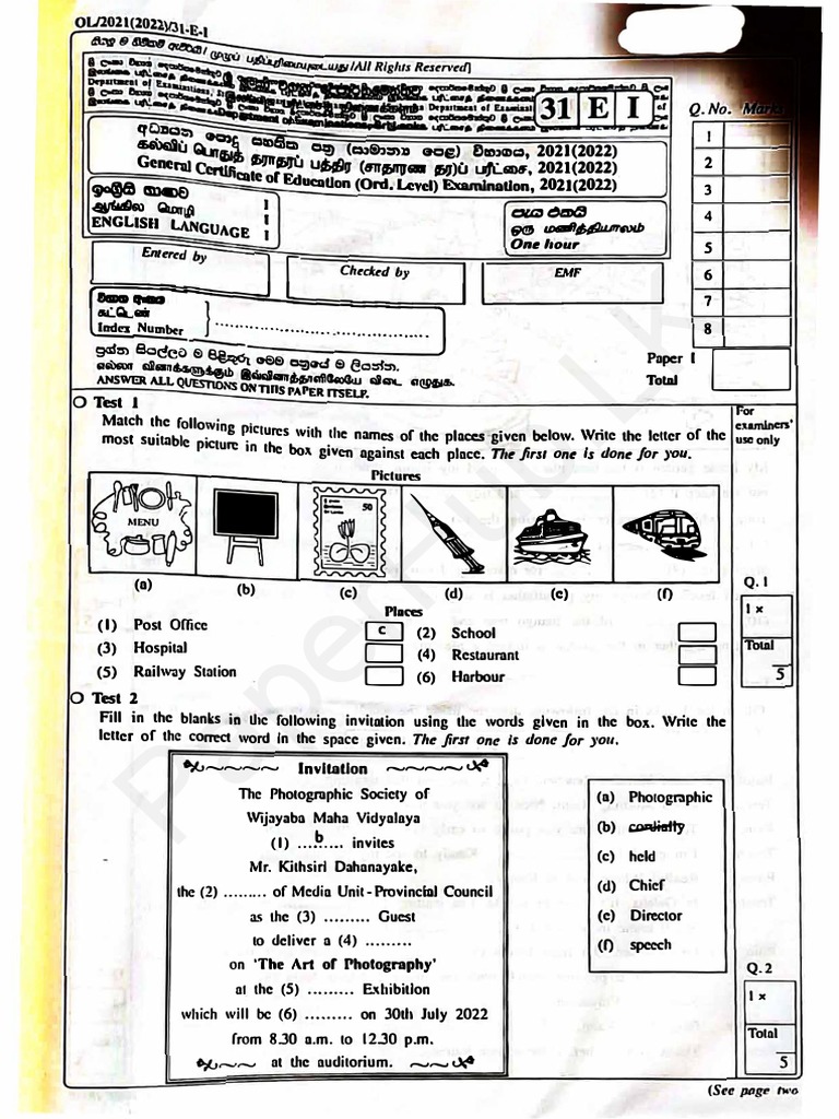 2021 (2022) OL English Past Paper Paperhub - LK | PDF