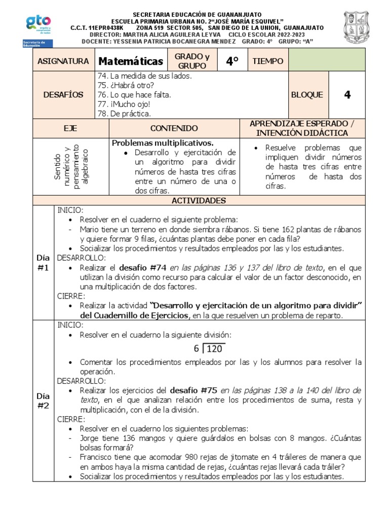 Abril - 4to Grado Matemáticas (2022-2023) | PDF | Educación primaria ...