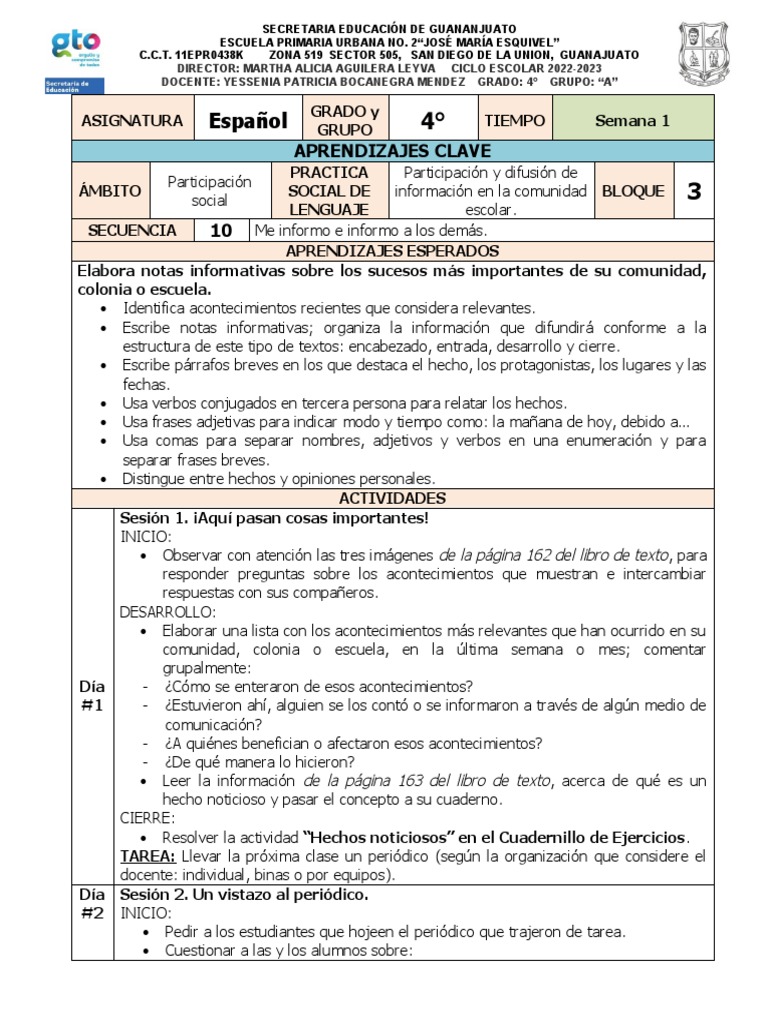 Abril - 4to Grado Español (2022-2023) | PDF | Verbo | Lingüística