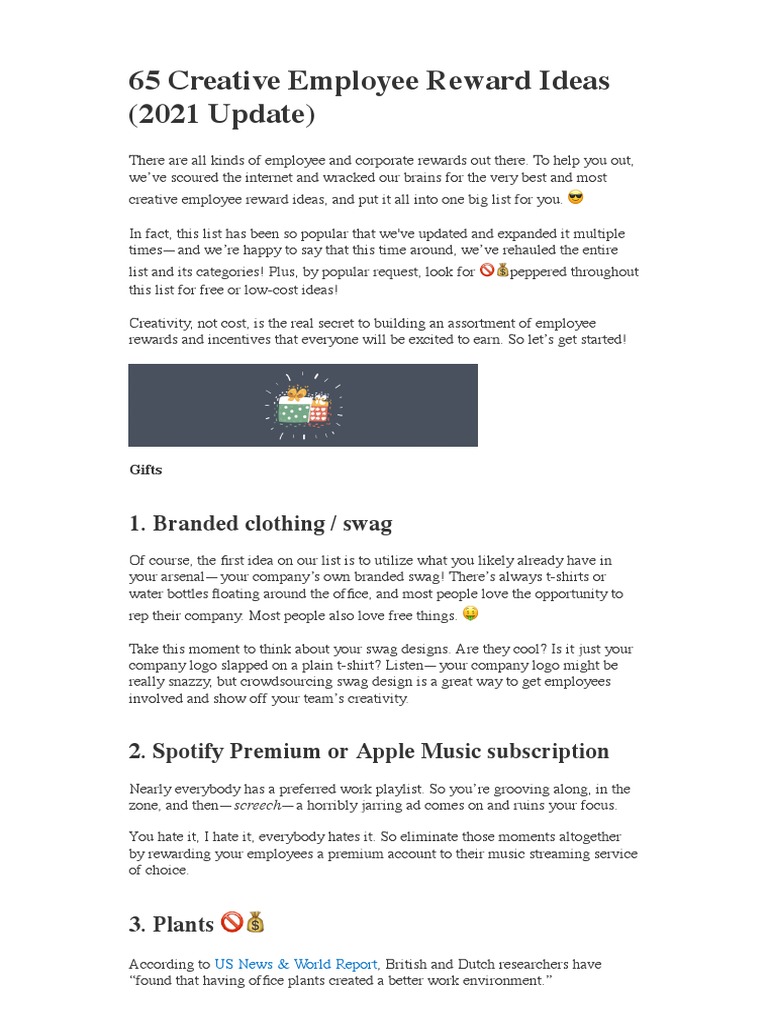 65 Creative Employee Reward Ideas (2021 Update) | Download Free PDF ...