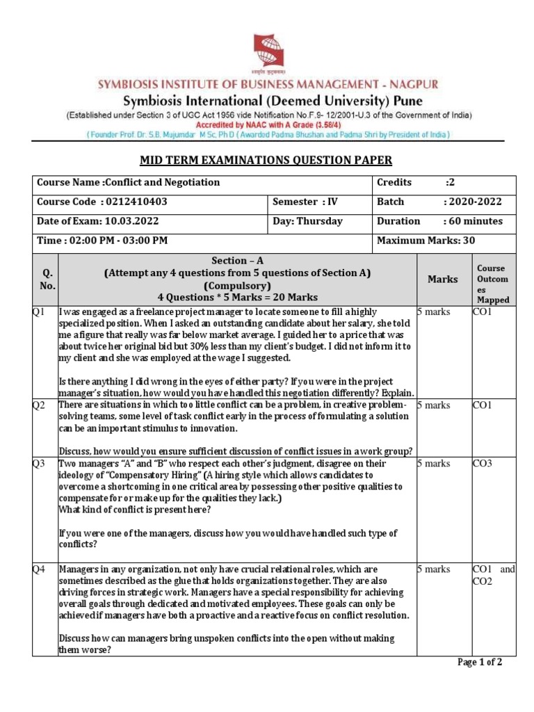 Conflict and Negotiation Exam Paper | PDF | Cognitive Science | Social ...