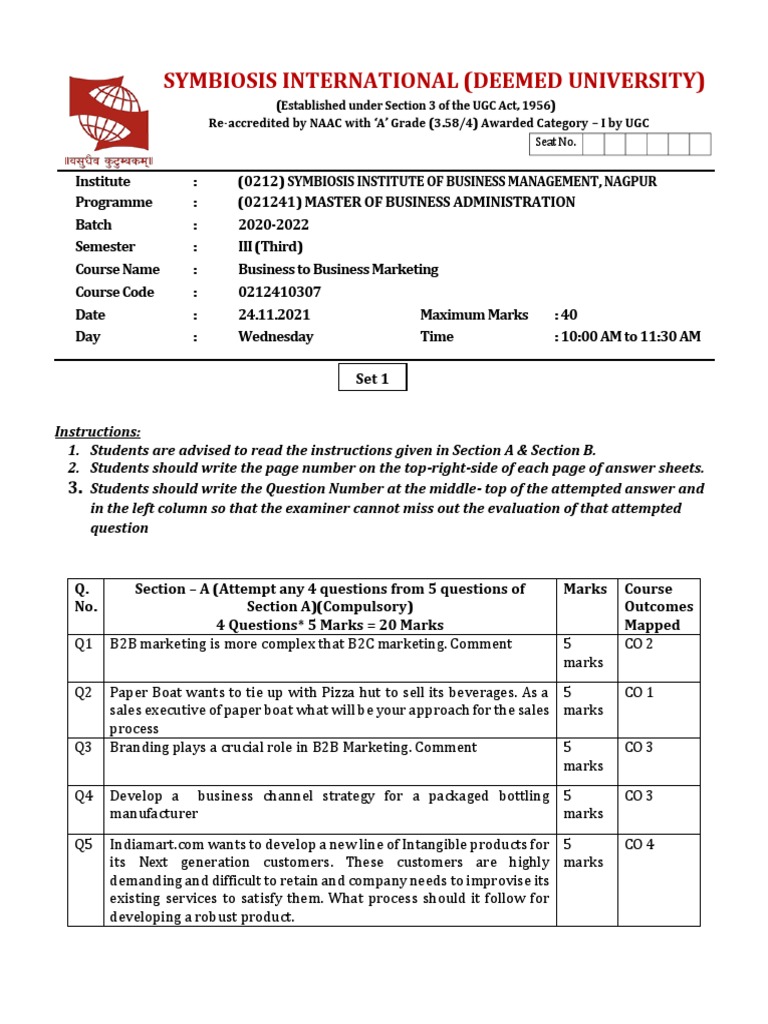Business To Business Marketing - Question Paper Set-1 (Semester III ...