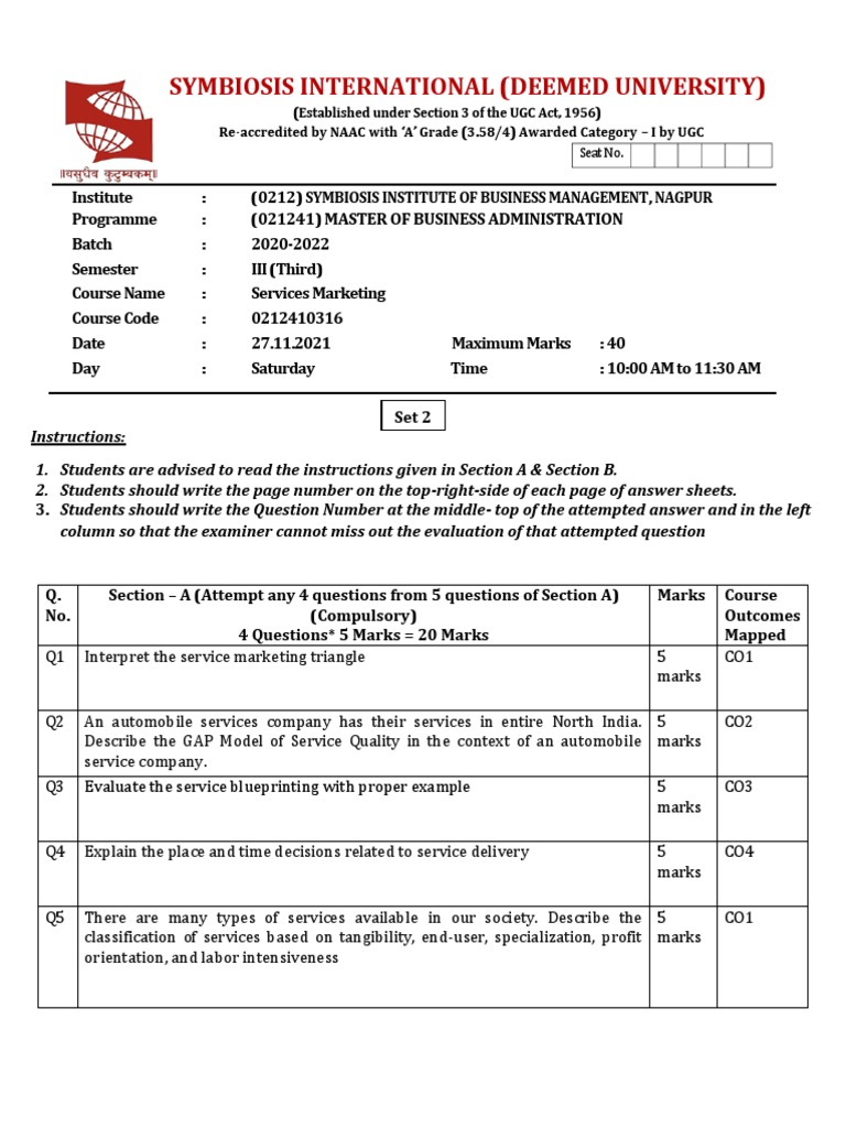 Services Marketing - Question Paper Set-2 (Semester III) PDF | PDF ...