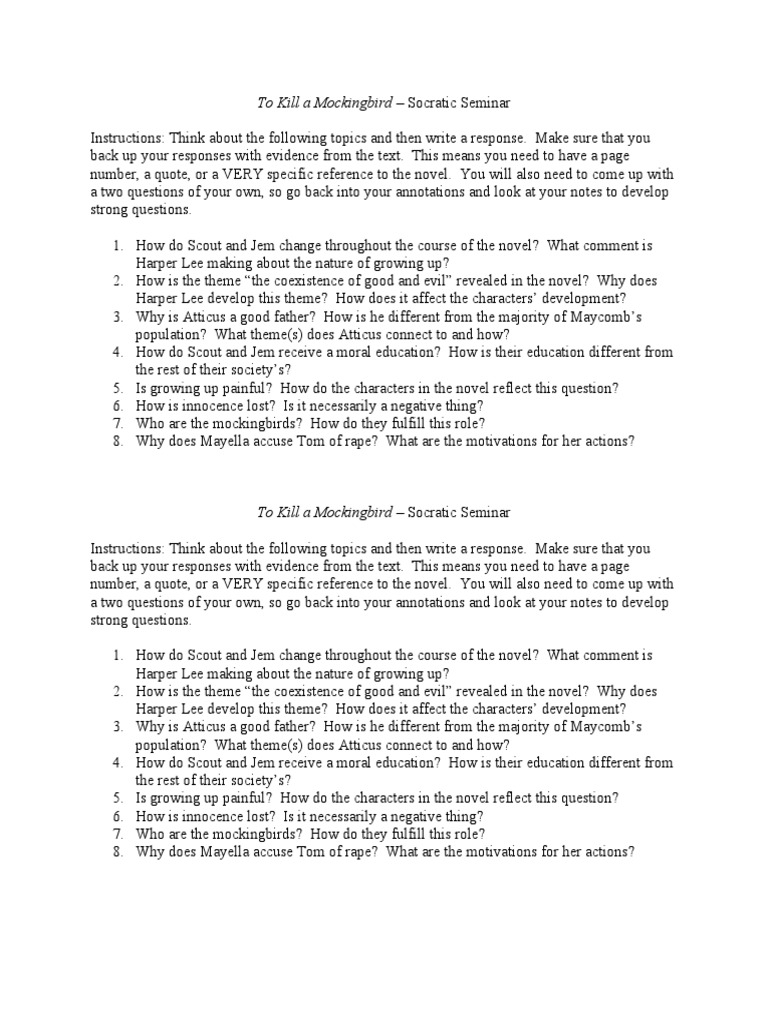 To Kill A Mockingbird Socratic Seminar | PDF