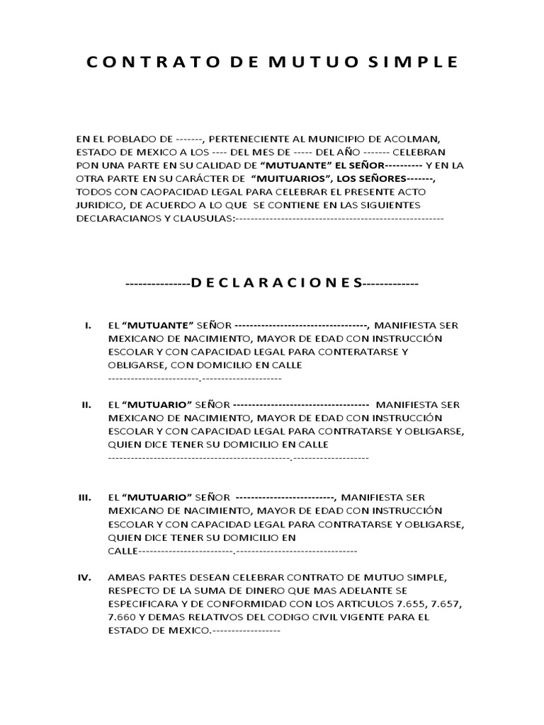 Contrato de Mutuo Simple: Declaraciones | PDF
