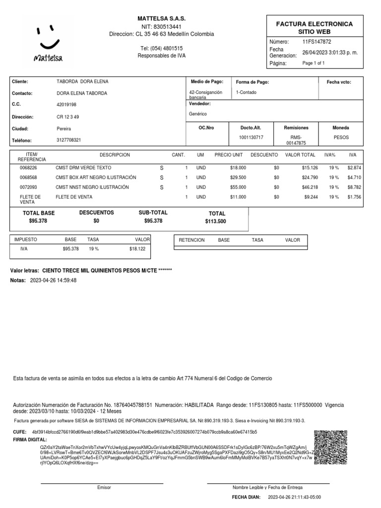 NIT: 830513441 Direccion: CL 35 46 63 Medellín Colombia: Mattelsa S.A.S ...