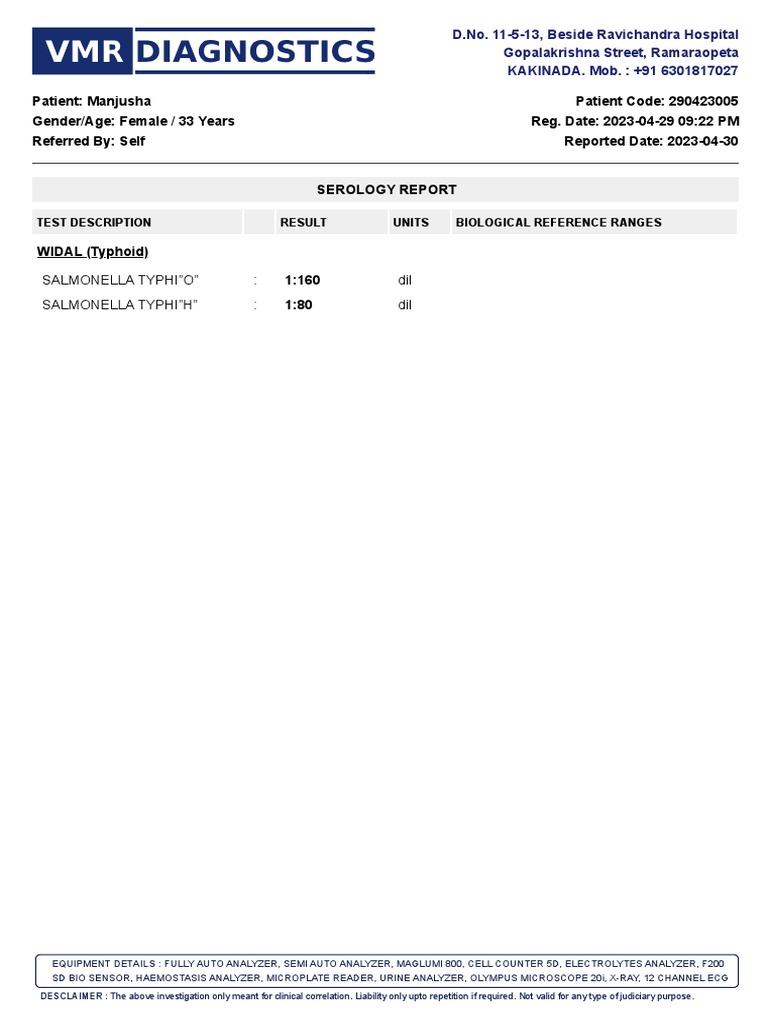 Typhoid Serology Report for Manjusha | PDF