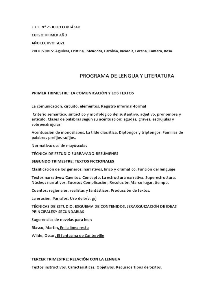 PROGRAMA ANUAL DE LENGUA Y LITERATURA PARA PRIMER AÑO 2021 EES 75 JULIO ...