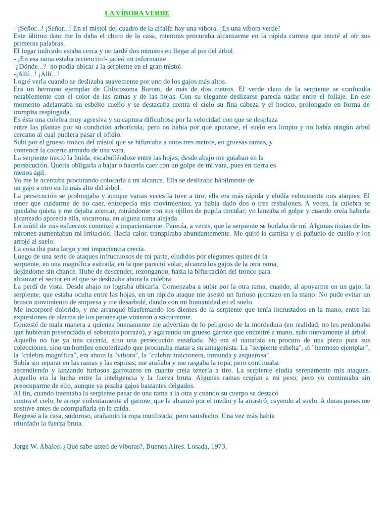 Cuento La Víbora Verde 1° Año | PDF