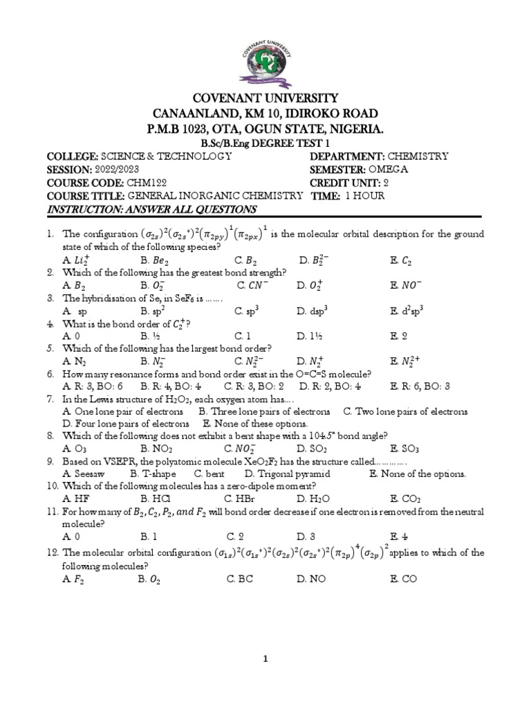Chemistry Degree Test Questions 2022 | PDF