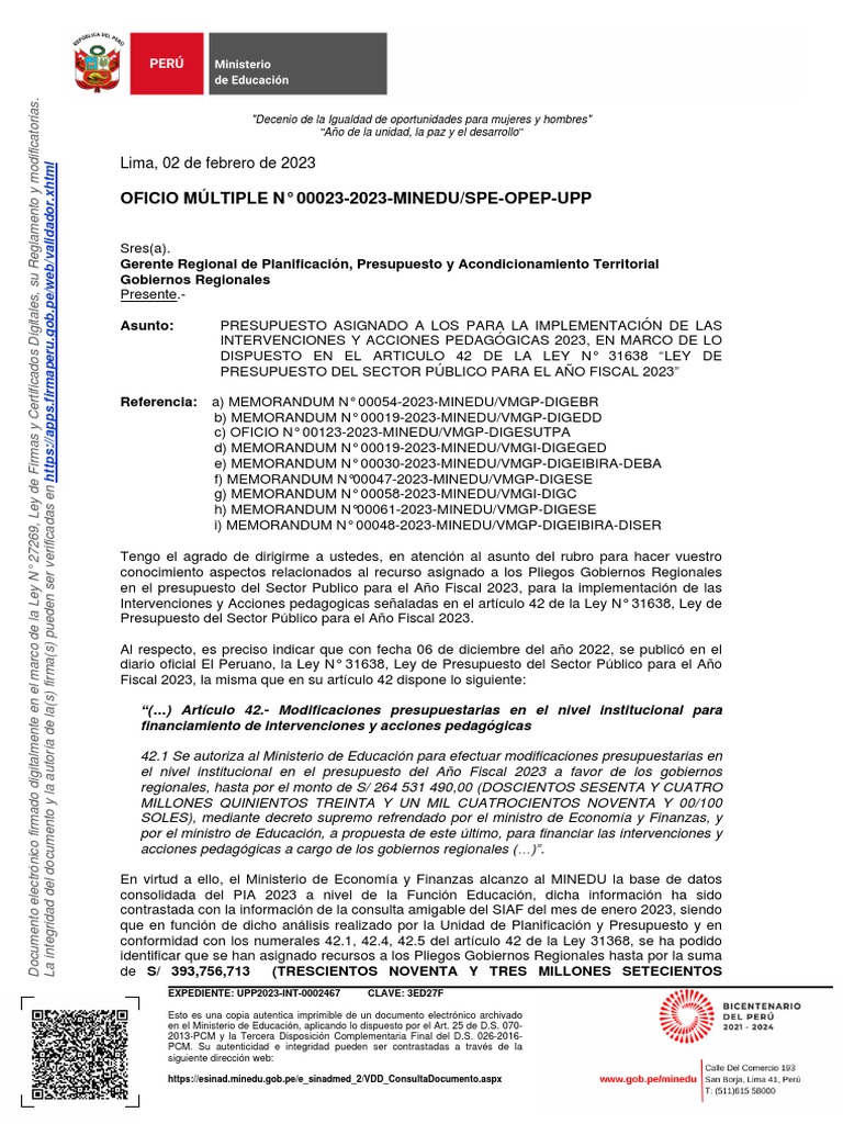 Oficio - Multiple 00023 2023 Minedu Spe Opep Upp PDF | PDF
