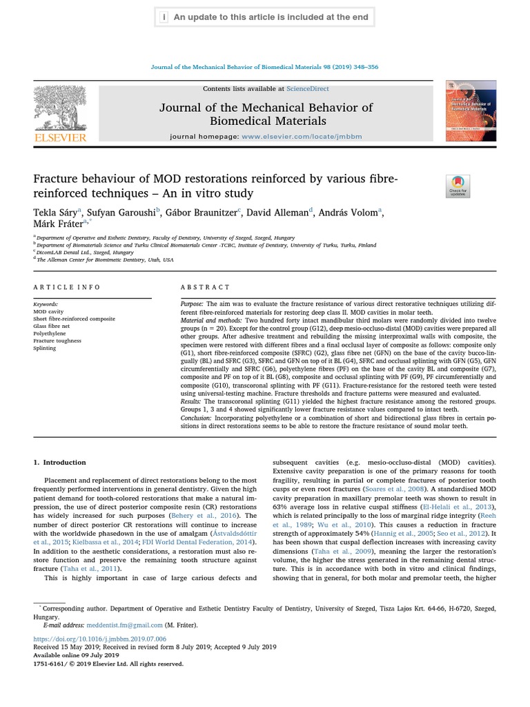 Fracture Behaviour of MOD Restorations Reinforced by Various ...