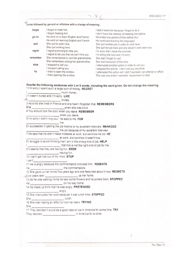 Verbs Followed by Gerund or Intinitive With A Change of Meaning PDF | PDF