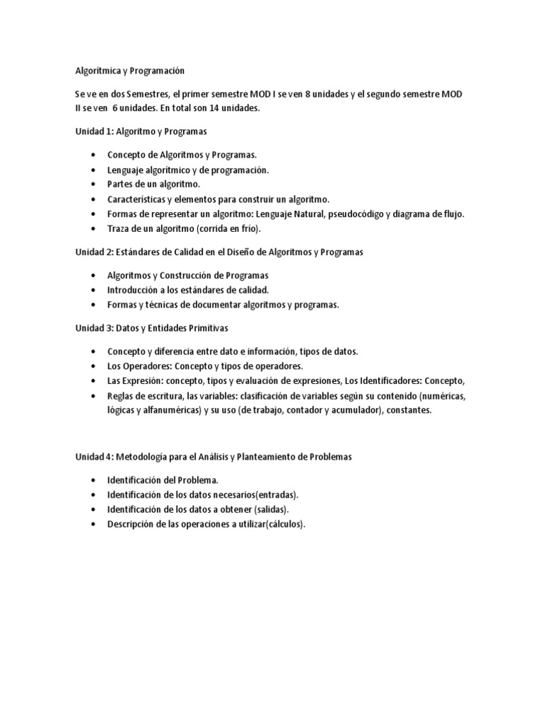 Contenidos de Algoritmica y Programación Mod I PDF | PDF | Algoritmos | Lenguaje de programación