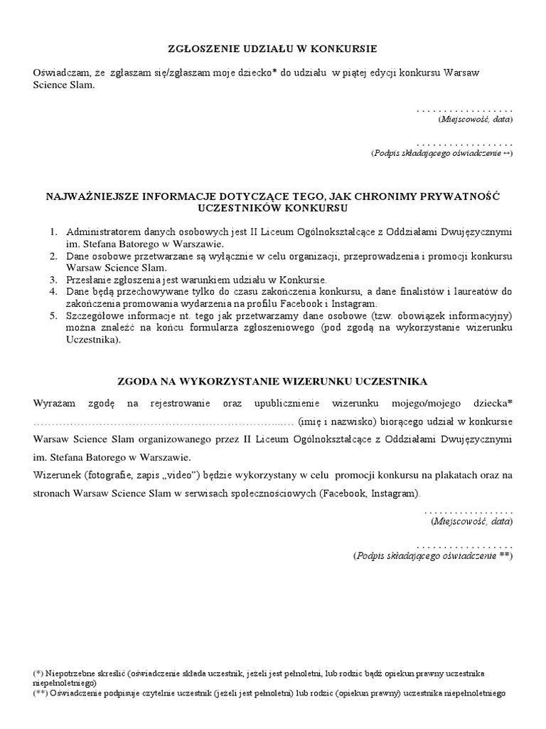 Zgloszenie - Zgoda Uczestnika - Rodo - WSS - 2023 PDF | PDF
