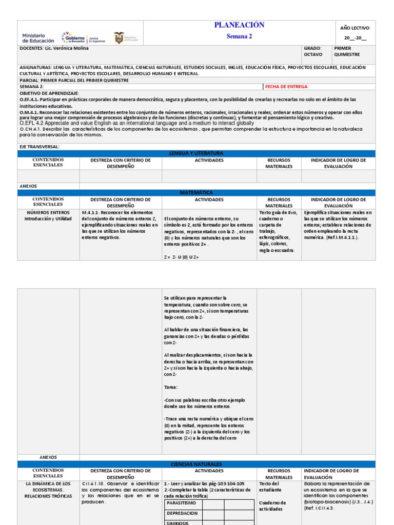 Planeación - Semana 2 (Octavo de EGB) PDF | PDF