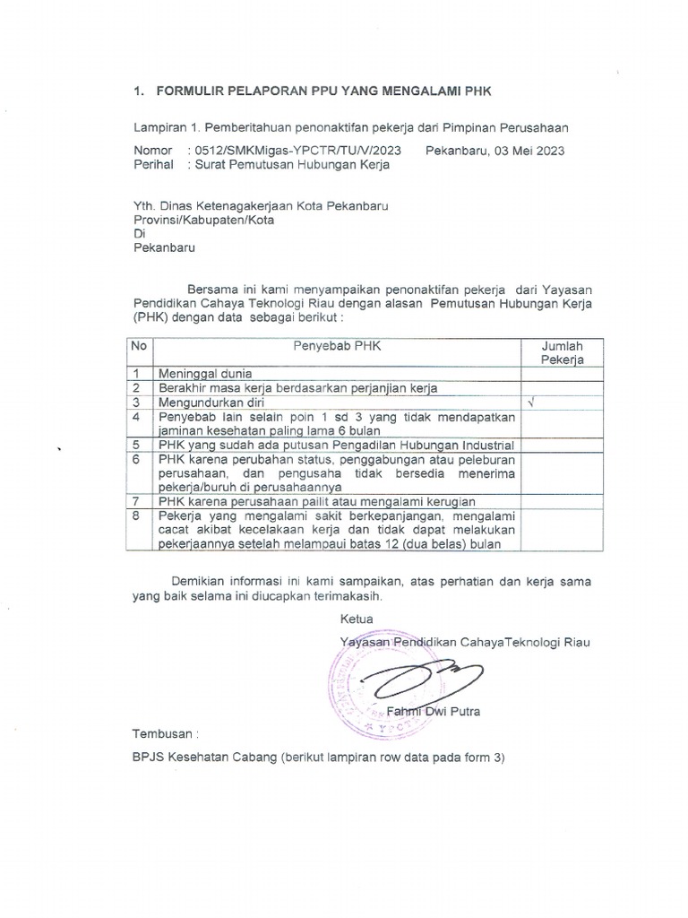 Formulir Pelaporan PPU Yang Mengalami PHK PDF | PDF