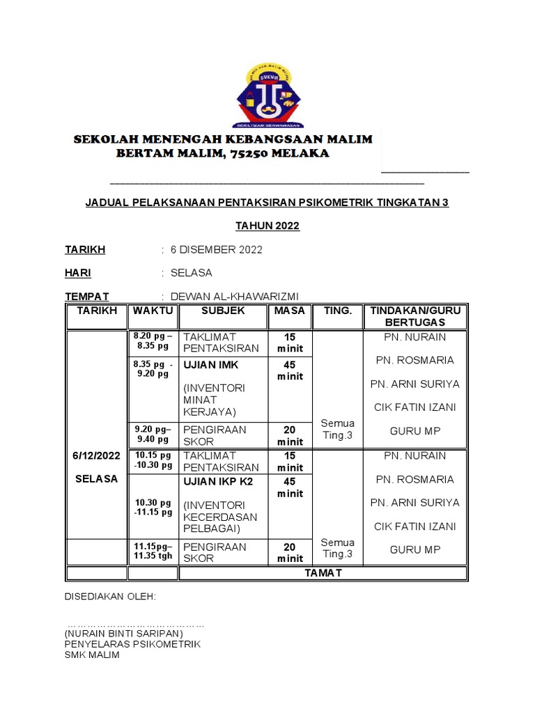 uMMie-JADUAL PELAKSANAAN PENTAKSIRAN PSIKOMETRIK 2022.docx | PDF