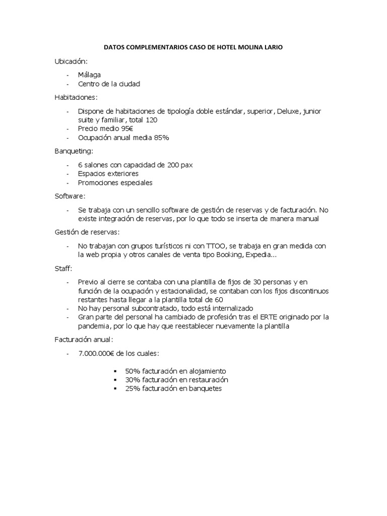 Datos Complementarios Hotel Molina Lario ACT 1 PDF | PDF