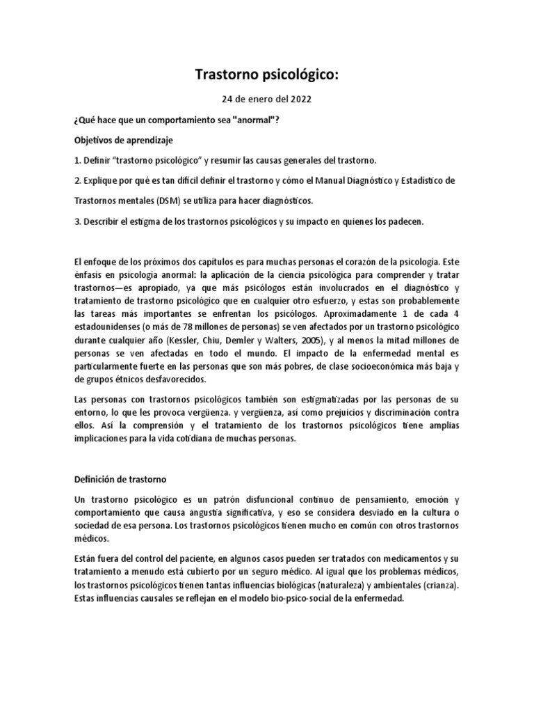 Trastorno Psicológico | PDF | Manual Diagnóstico y Estadístico de los ...