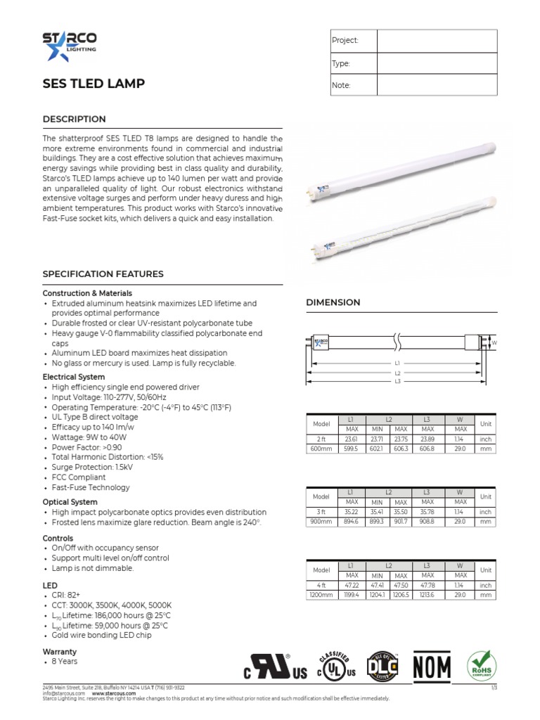 Spec Sheet SES TLED Lamp PDF | PDF | Fluorescent Lamp | Lighting