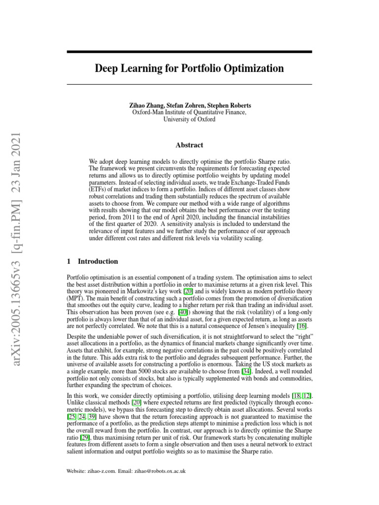 Deep Learning For Portfolio Optimization PDF | PDF