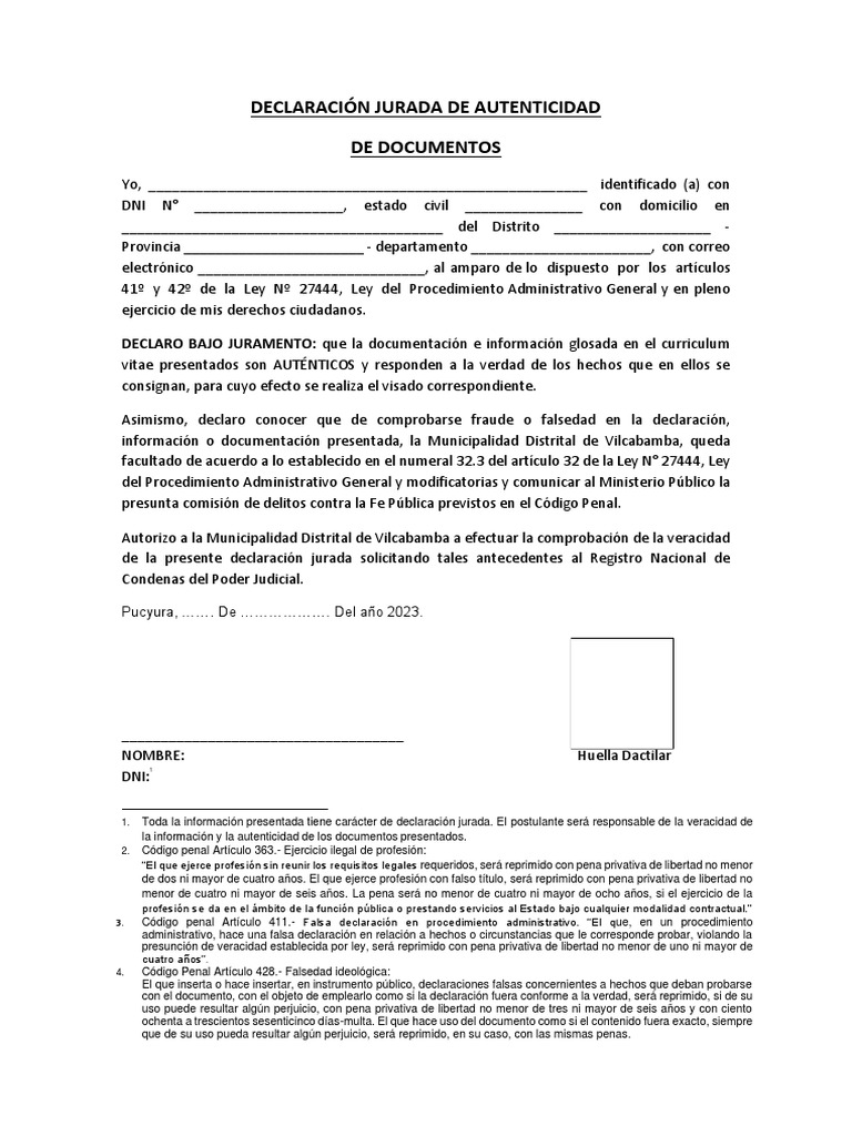 Declaración Jurada de Autenticidad de Documentos | PDF