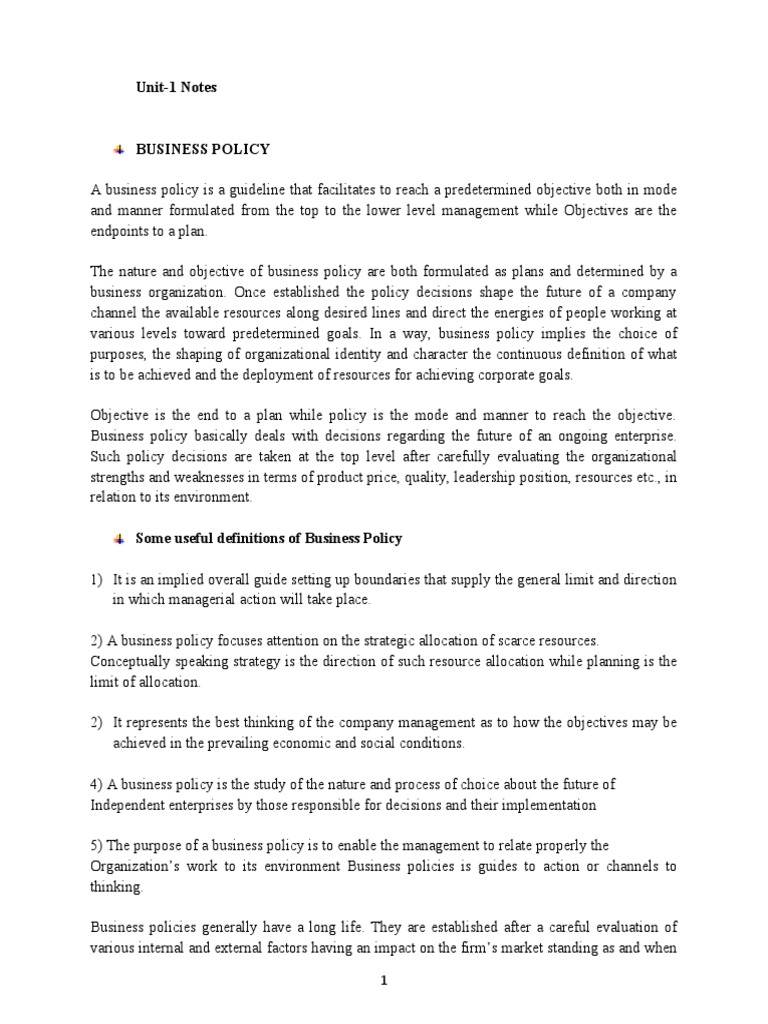 BPSM Notes Unit 1 Final | PDF | Forecasting | Strategic Management