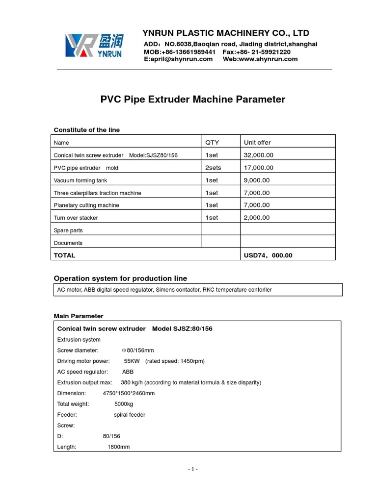 Specification and Parameters for a PVC Pipe Extruder Production Line ...