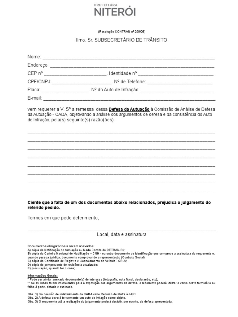 Defesa de autuação de trânsito para análise da CADA | PDF