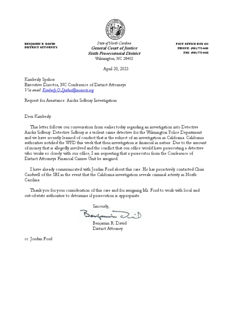 Request For Assistance, Aricka Sidbury Investigation 04.20.23 | PDF