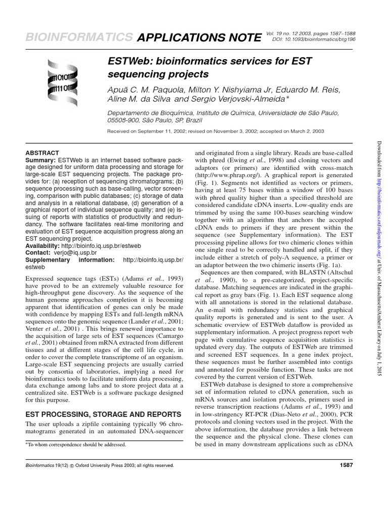 ESTWeb Bioinformatics Services For EST | PDF