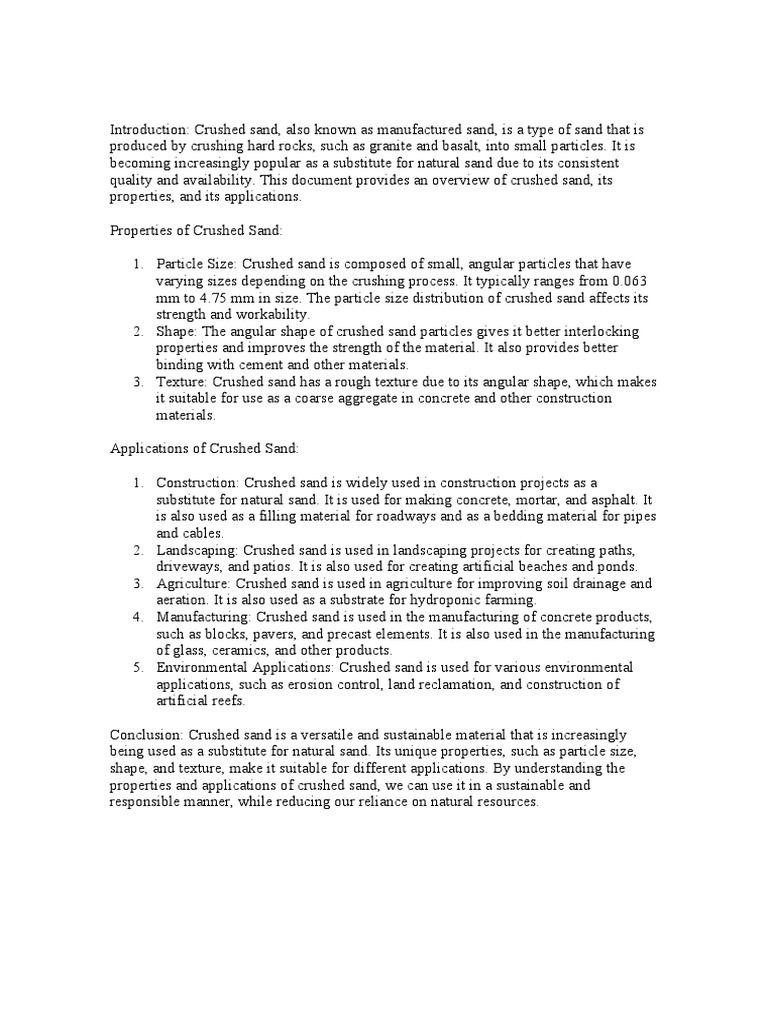 Properties & uses of crushed sand | PDF | Sand | Concrete