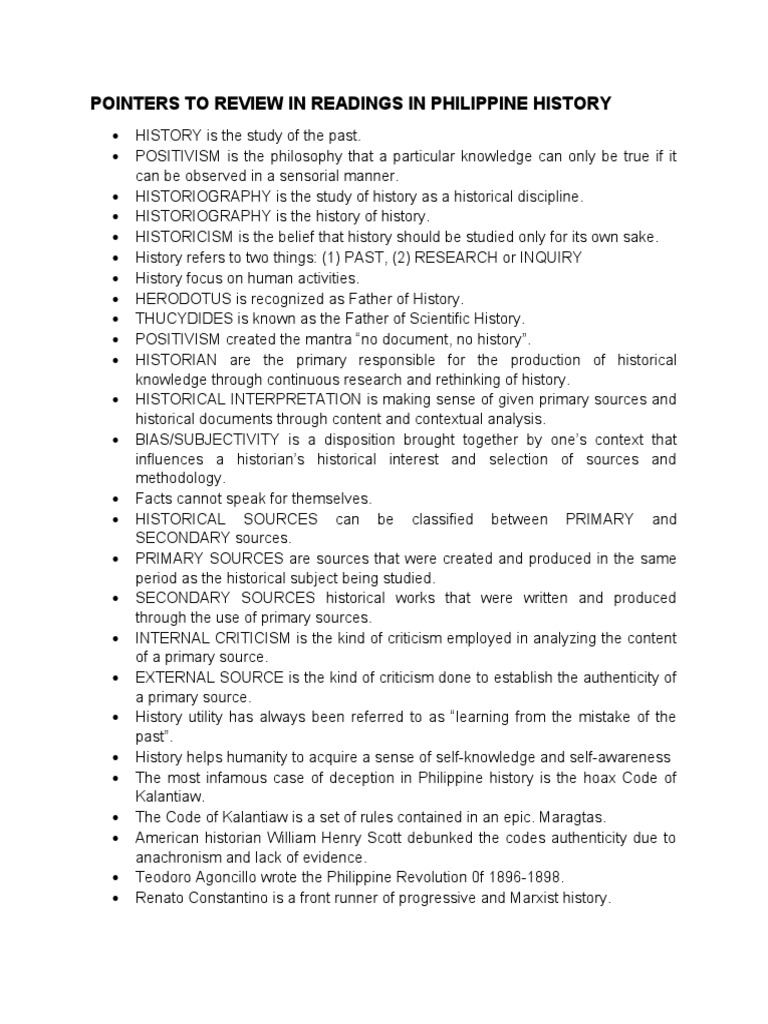 Pointers To Review in Readings in Philippine History | PDF
