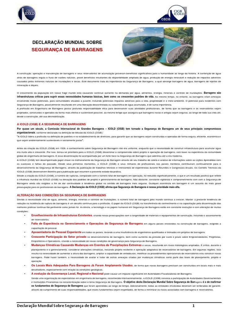 World Declaration On Dam Safety ICOLD PT PDF | PDF