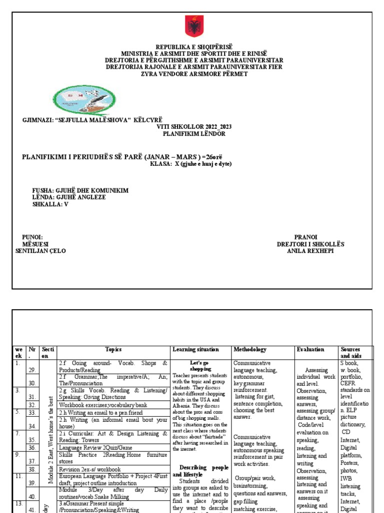 PLANI KLASA10 (Gjuhe e Huaj 2) PERIUDHA E DYTE 2022-23 | PDF