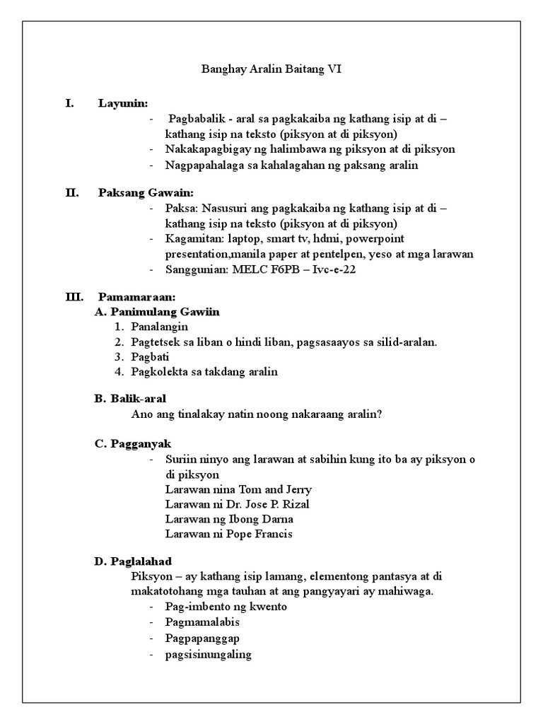 Banghay Aralin Sa Pagkakaiba NG Kathang Isip at Di-Kathang Isip Na ...