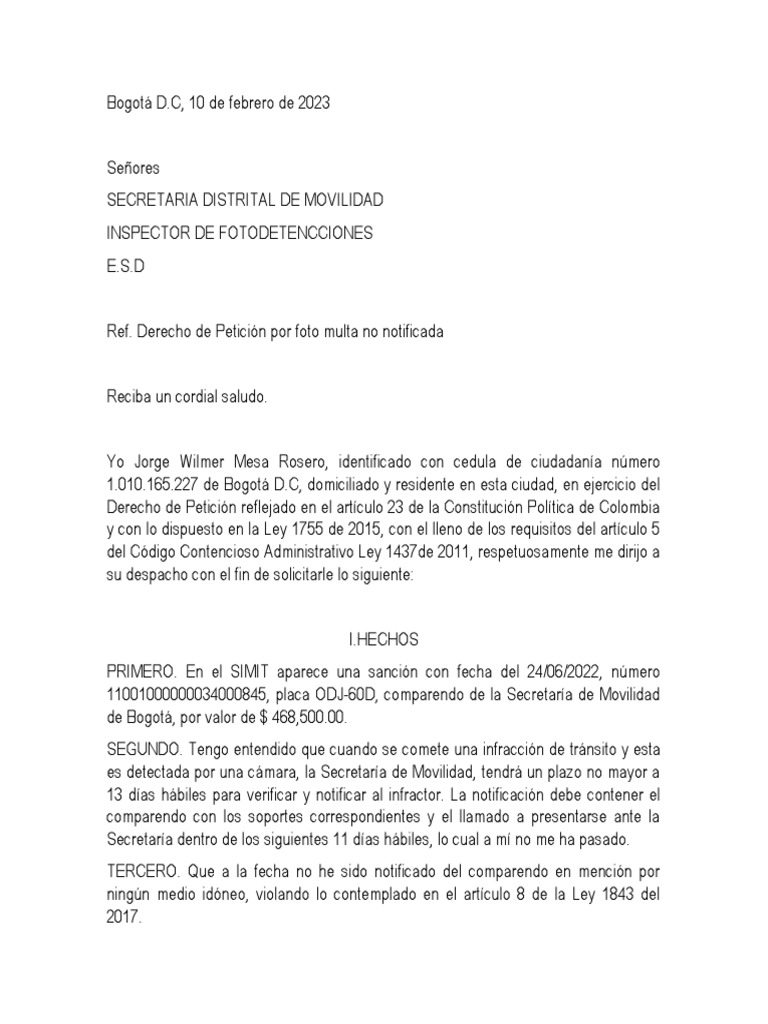 Derecho de Peticion Foto Multa | PDF