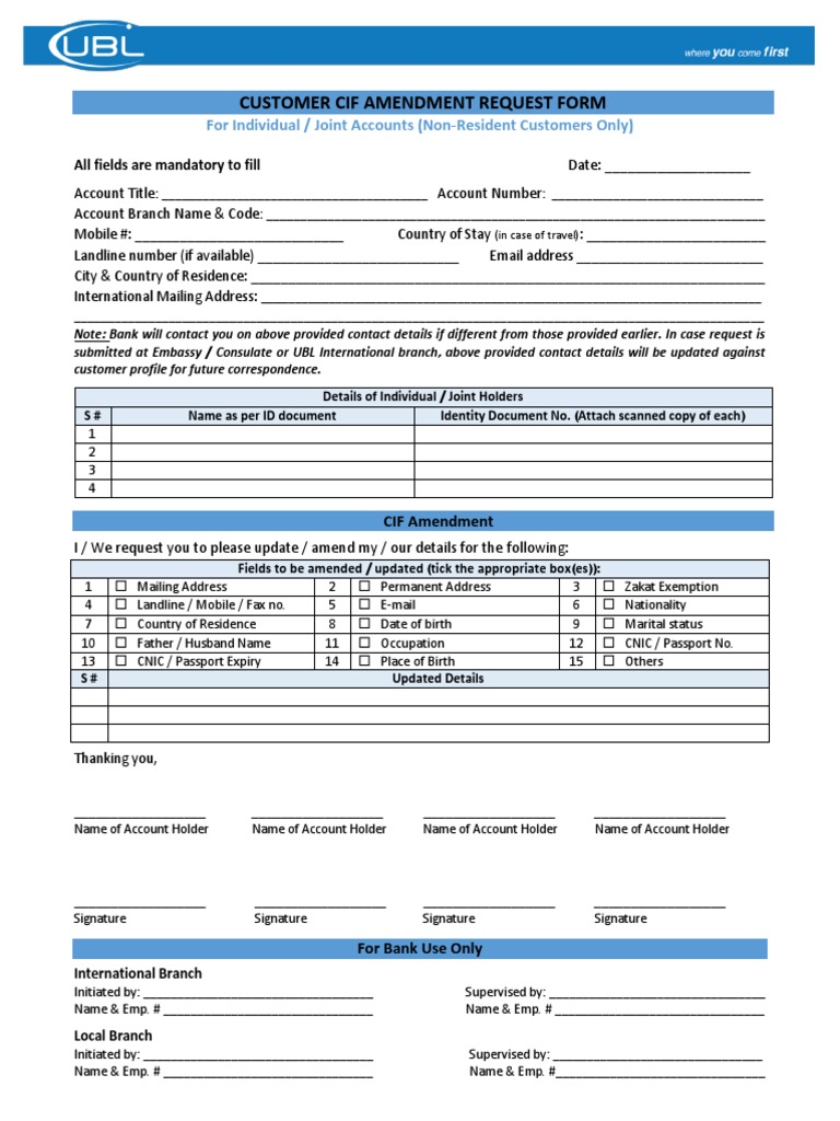 Customer Cif Amendment Request Form: For Individual / Joint Accounts ...