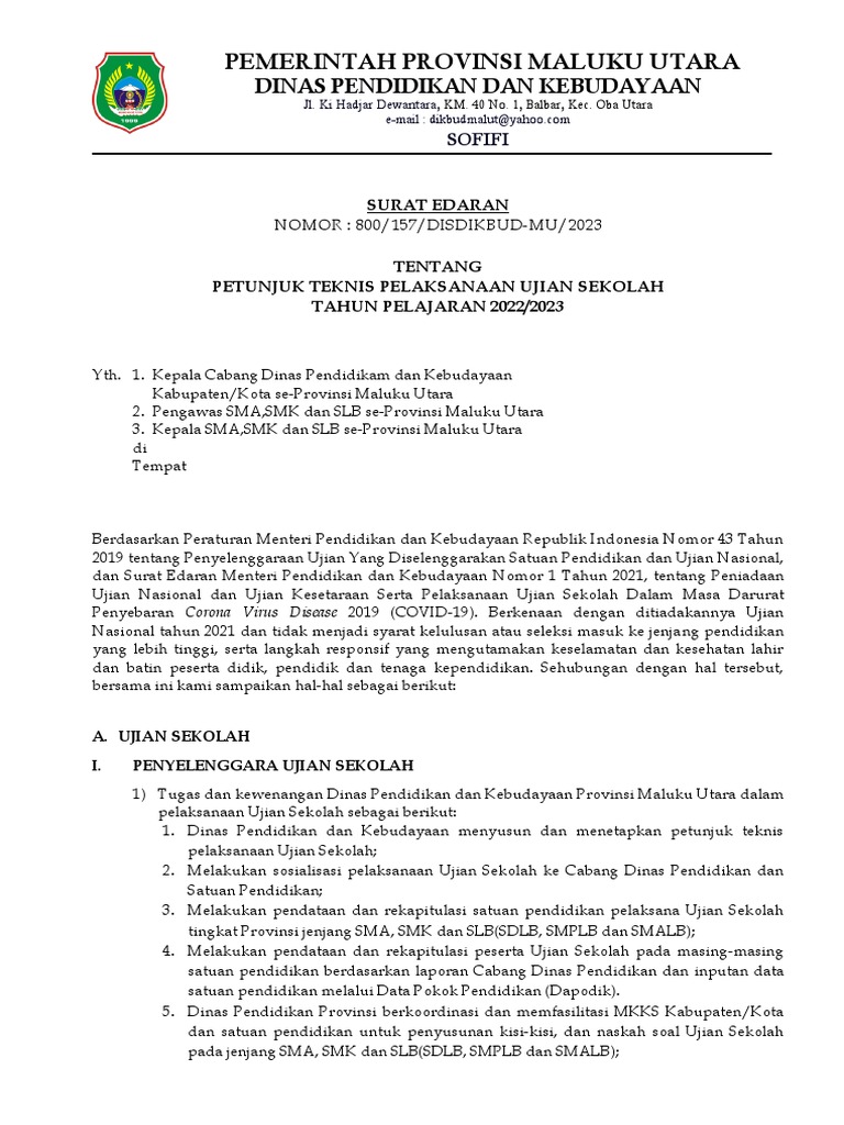 Surat Edaran Kadis Tentang Juknis Ujian Sekolah 2023 PDF | PDF