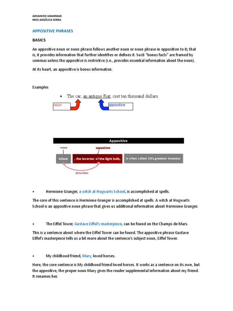 Appositive Phrases Exercises | PDF | Comma | Phrase