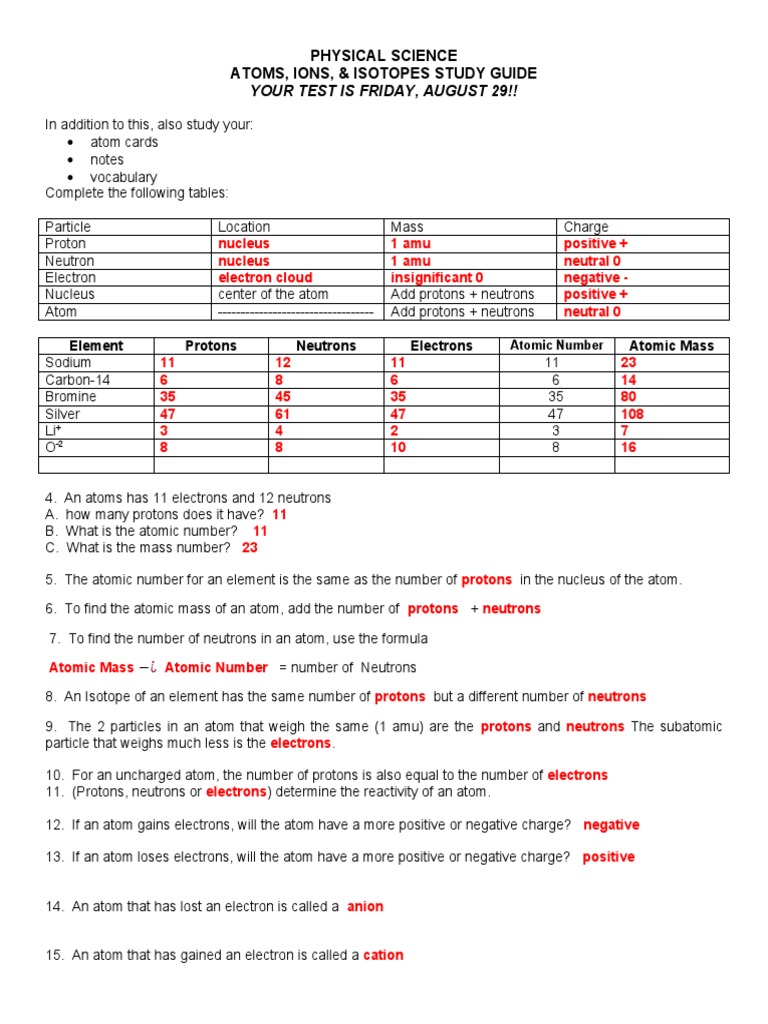 Atoms Ions & Isotopes Study Guide Answers | PDF | Atoms | Ion